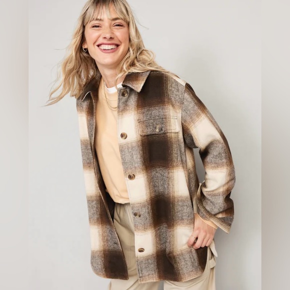 Old Navy | Jackets & Coats | Oversized Brushed Soft Brown Plaid Shacket ...